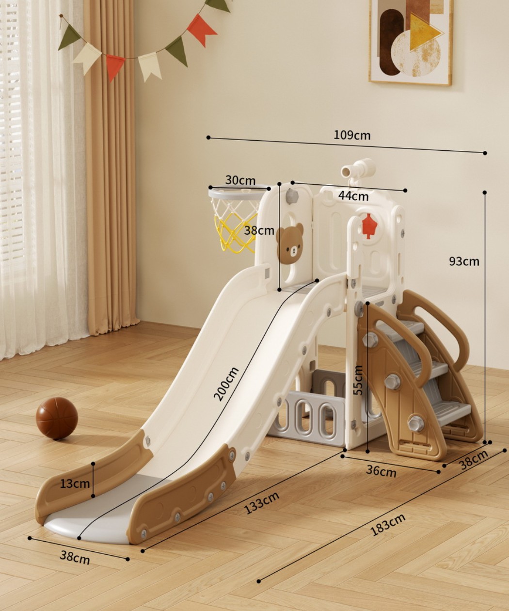 Feelkids dečji tobogan sa košem Meda Braon&Bela - Kiddy JOY